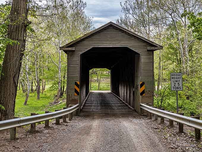 Middle Road Covered Bridge spans the creek with rustic charm, reminding us some engineering solutions never go out of style.