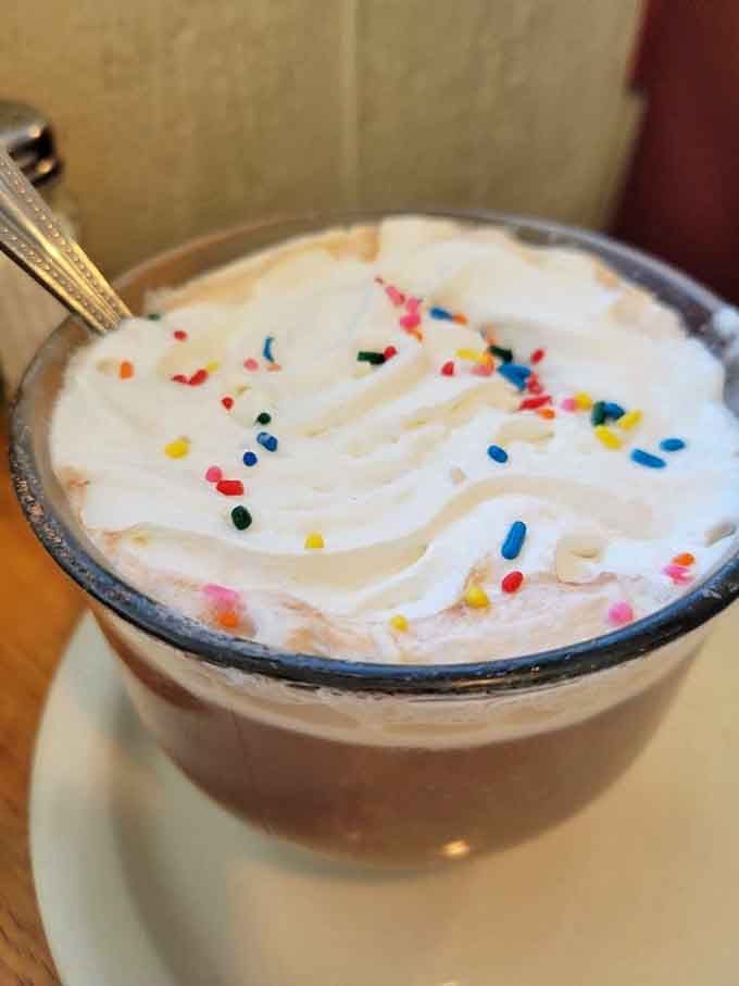 Rainbow sprinkles on whipped cream turn hot chocolate into a celebration, because why should kids have all the fun?