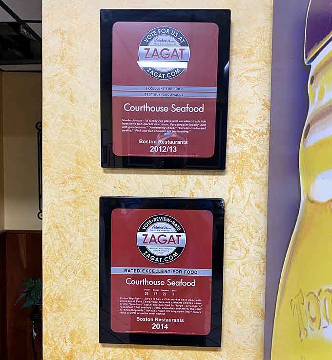 Zagat plaques on the wall proving that excellence doesn't need fancy decor to shine.