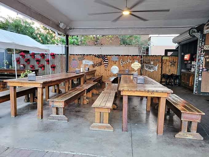 Picnic tables under cover mean you can enjoy your barbecue feast rain or shine, preferably with good company.