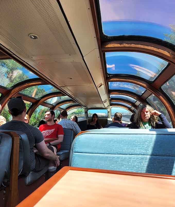The dome car's curved glass ceiling turns every passenger into a panoramic photographer, no tripod required for these shots.