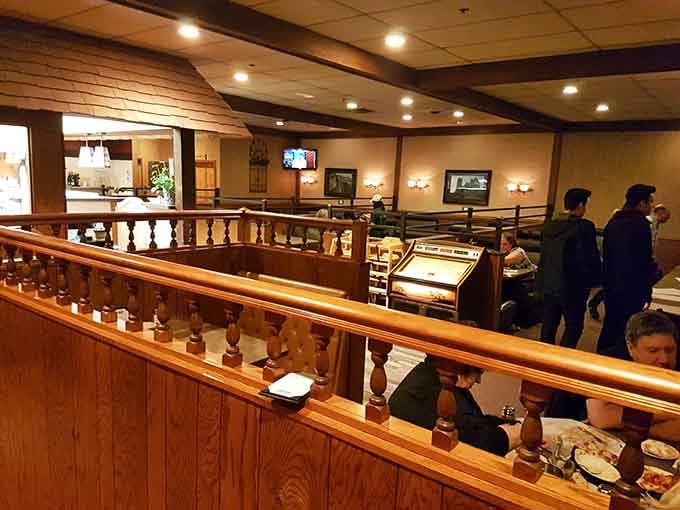 The multi-level dining room offers plenty of space for families, dates, and serious pizza enthusiasts alike.