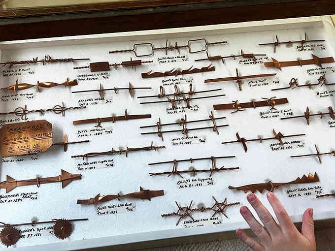 Over 2,000 barbed wire varieties line these walls, each one representing someone's attempt to build a better fence.