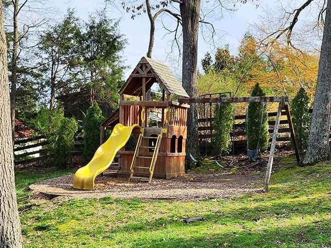 A playground keeps little ones entertained while adults soak in the scenery and catch their breath.