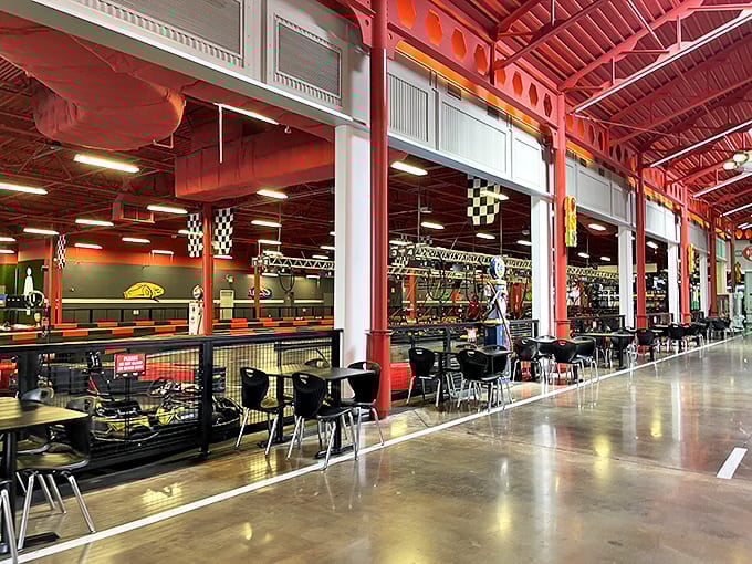 The spacious seating area overlooks go-kart action, perfect for catching your breath between competitive family showdowns.
