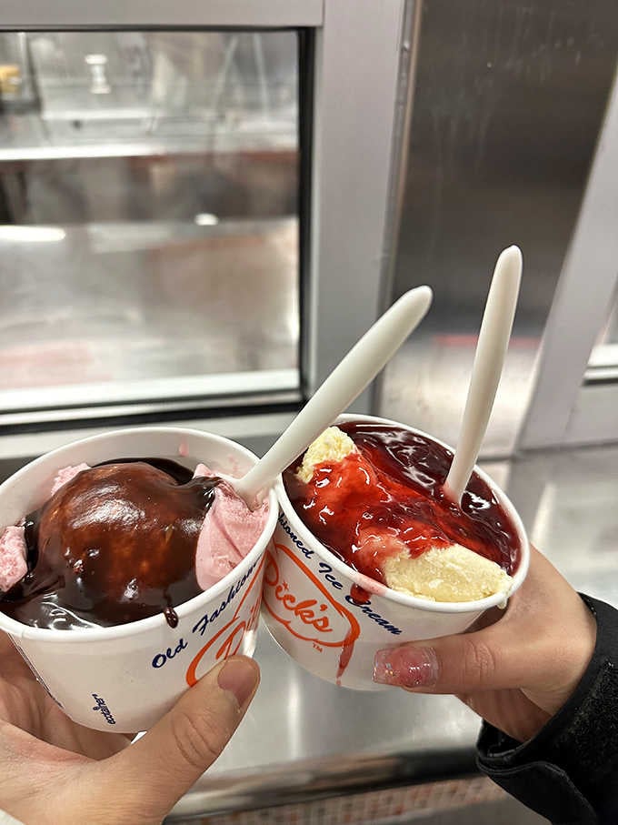 Sundaes that prove chocolate and strawberry can coexist peacefully in perfect frozen harmony, side by side.