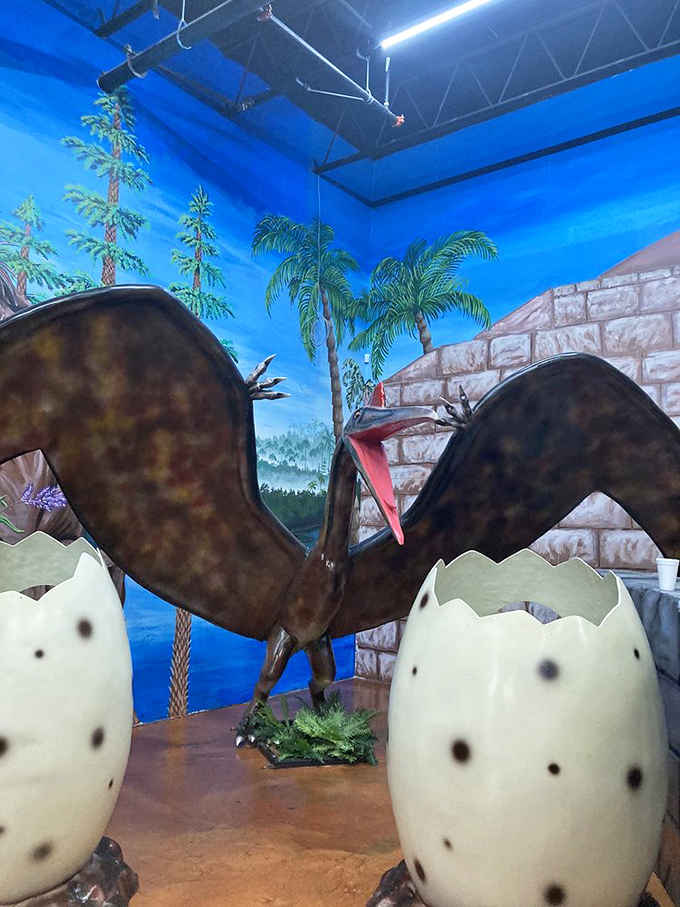 Giant eggs ready to hatch reveal the restaurant's commitment to immersive theming that delights kids and adults equally throughout.