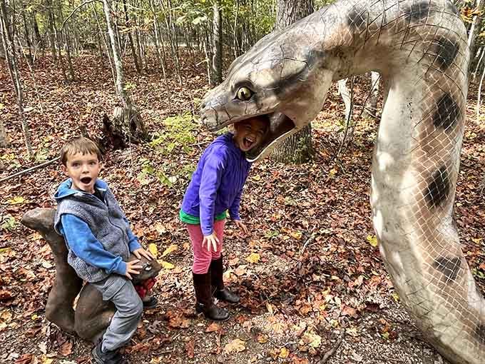 Kids' genuine delight encountering this towering serpent shows why imagination beats expensive theme parks every single time.