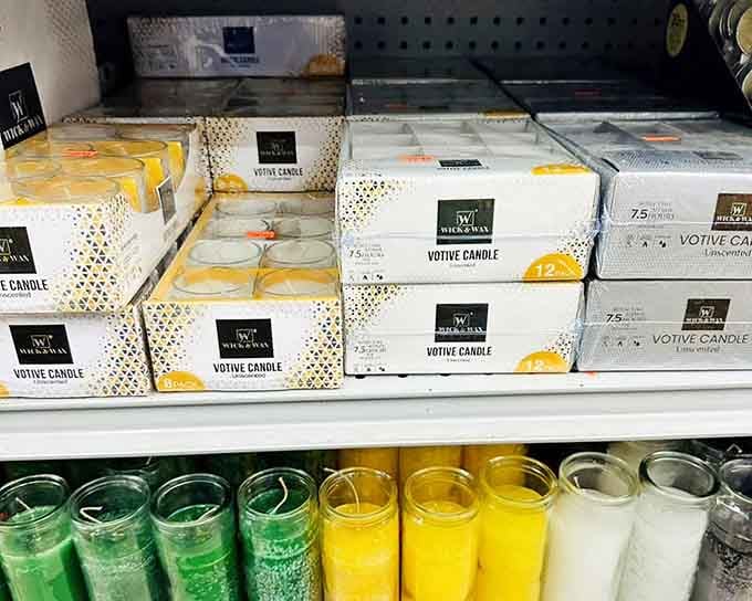 Votive candles stacked neatly offer ambiance without requiring a second mortgage on your home.