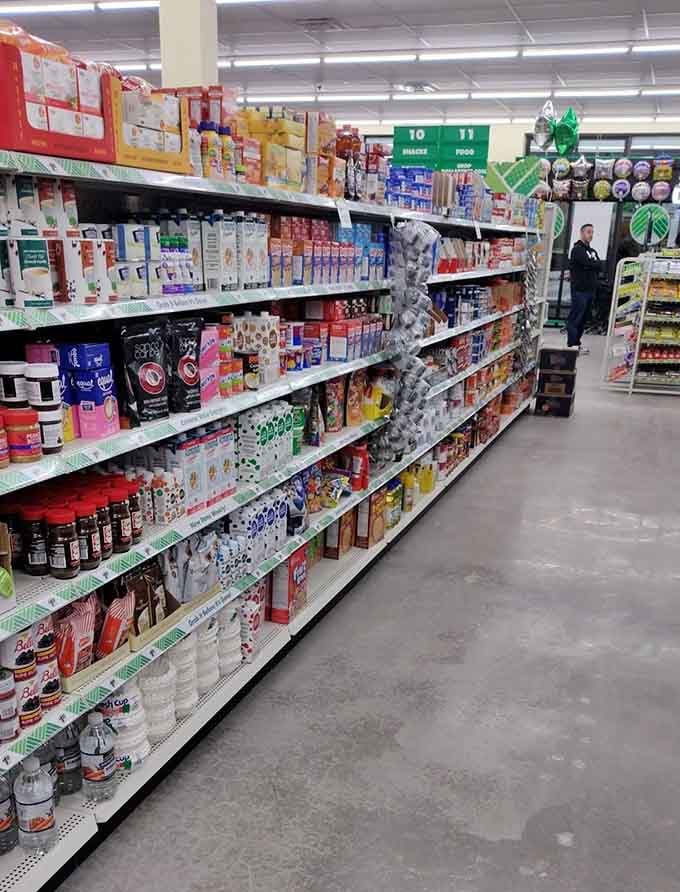 Packaged snacks and pantry staples turn this dollar store into a legitimate grocery supplement, not just novelty shopping.