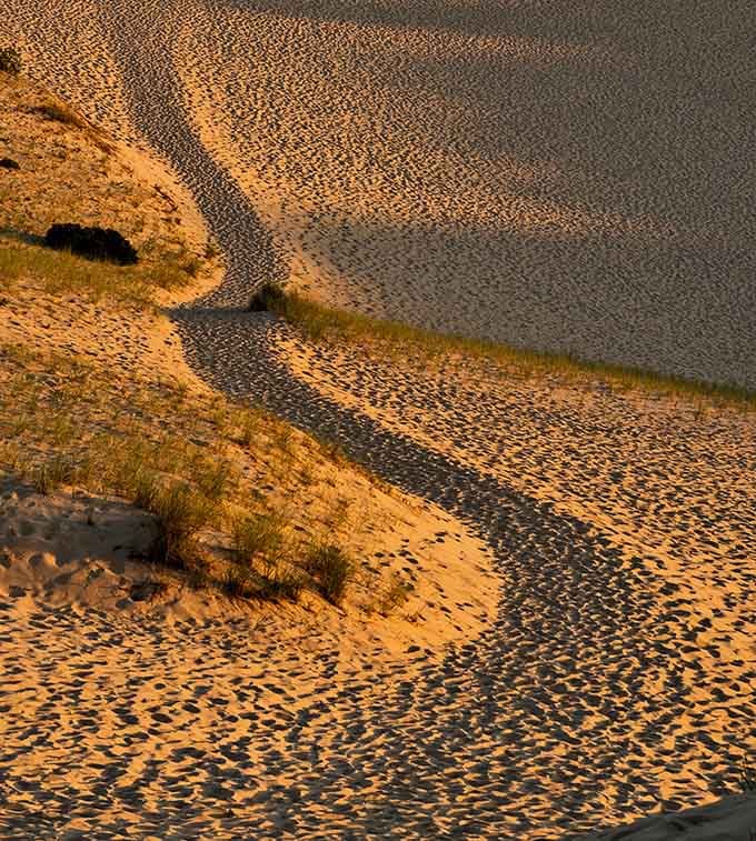 Footprints creating abstract art across the sand while golden light does its magic hour thing perfectly.