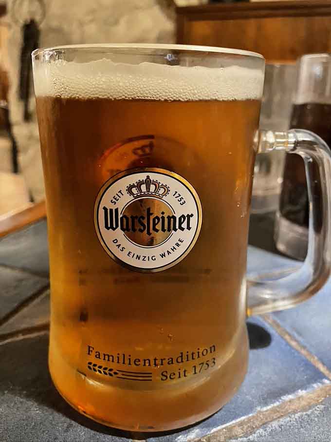 Warsteiner beer in a proper German mug, because some traditions are too good to mess with or modernize.