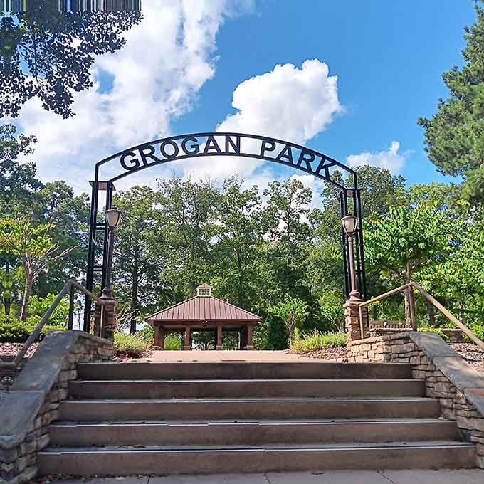 Grogan Park's entrance arch stands ready to welcome visitors like the gates to a secret garden, minus the secret.
