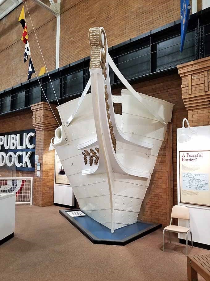 A preserved ship's bow section stands as a dramatic testament to the craftsmanship of 19th-century American shipbuilders.