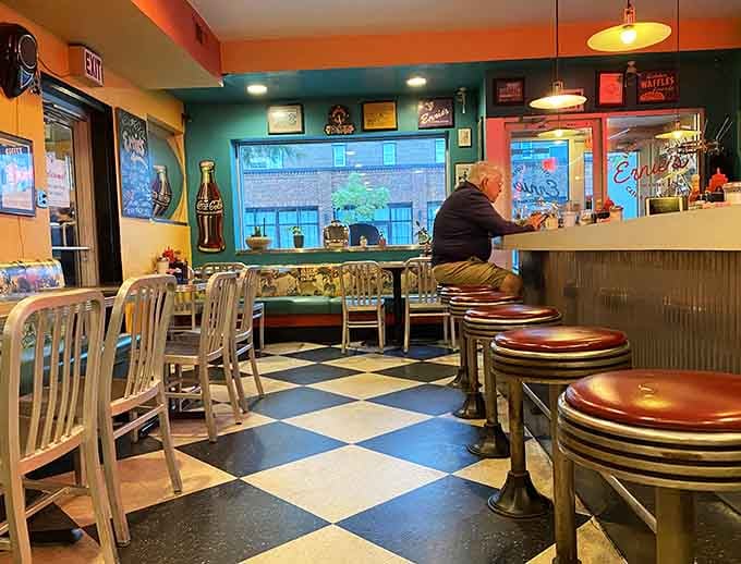 Chrome stools and vintage charm create an atmosphere where Elvis would feel right at home ordering breakfast.