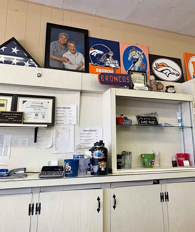 Family photos and local pride create an atmosphere that feels like dining in someone's beloved kitchen, not just a restaurant.