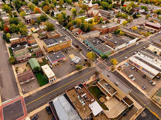 Downtown Eveleth from above shows the classic grid pattern of a town built during the mining boom.