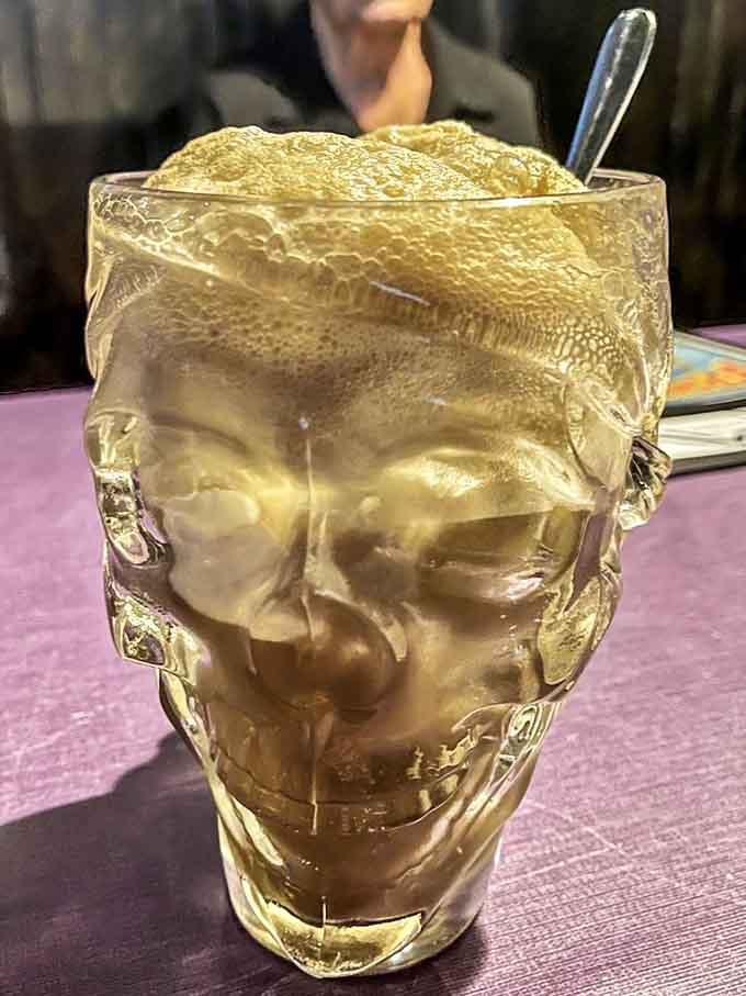 This skull glass contains a float that's almost too fun to drink, emphasis on almost because it's absolutely delicious.