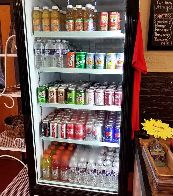 A well-stocked beverage cooler means you've got options beyond coffee, though the coffee's definitely worth your attention.