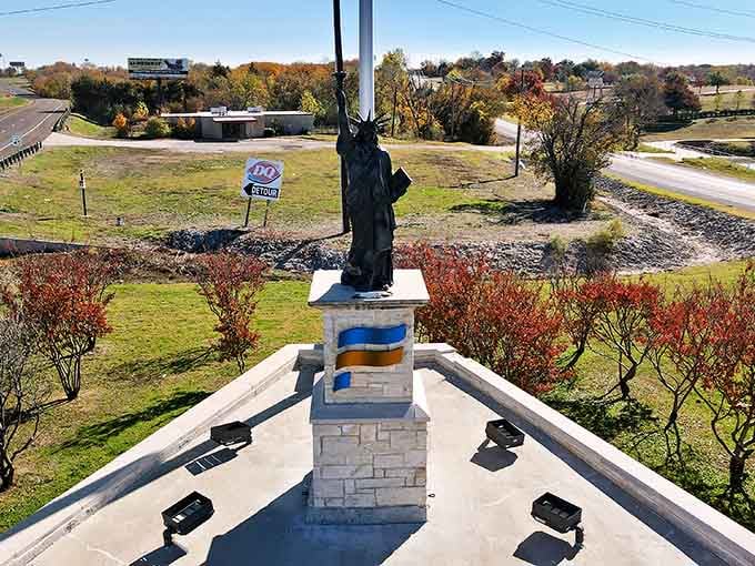 Lady Liberty watches over Forney, reminding visitors that freedom includes the pursuit of perfect vintage finds.