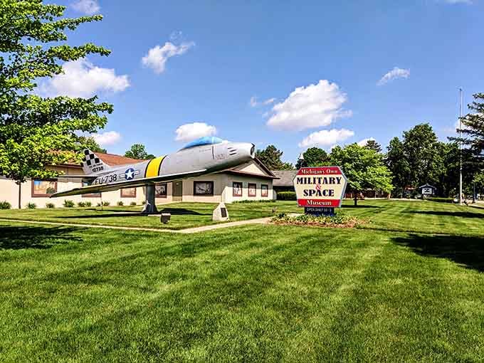 A vintage fighter jet guards the Michigan Heroes Museum, proving Frankenmuth honors more than just schnitzel and strudel.