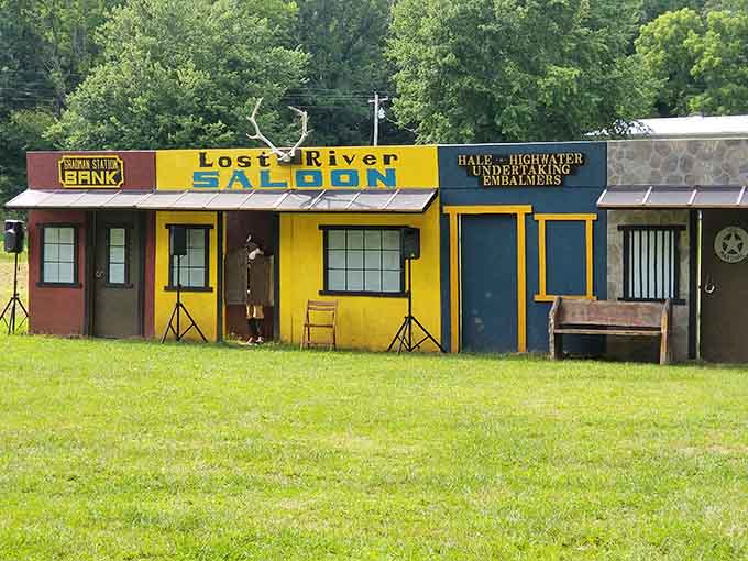 The Lost River Saloon facade adds Wild West flair, because why shouldn't a train ride include cowboy vibes?