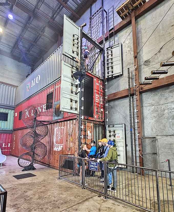 Shipping containers turned climbing walls prove that one person's cargo is another person's vertical playground challenge.