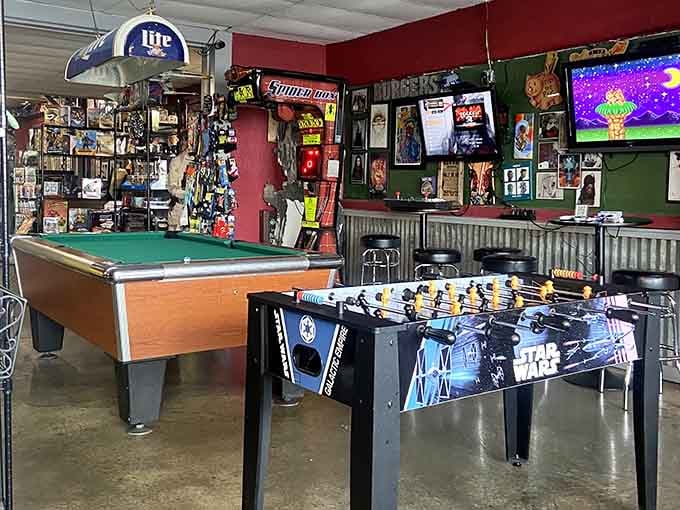 Pool table, foosball, and Star Wars theming create the ultimate hangout spot for all ages and appetites.