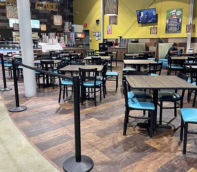 The spacious cafe offers parents a blessed moment of rest while kids refuel for round two.