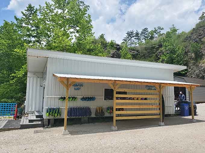 The gear station where ordinary visitors transform into underground explorers ready to tackle Kentucky's coolest hidden water feature.
