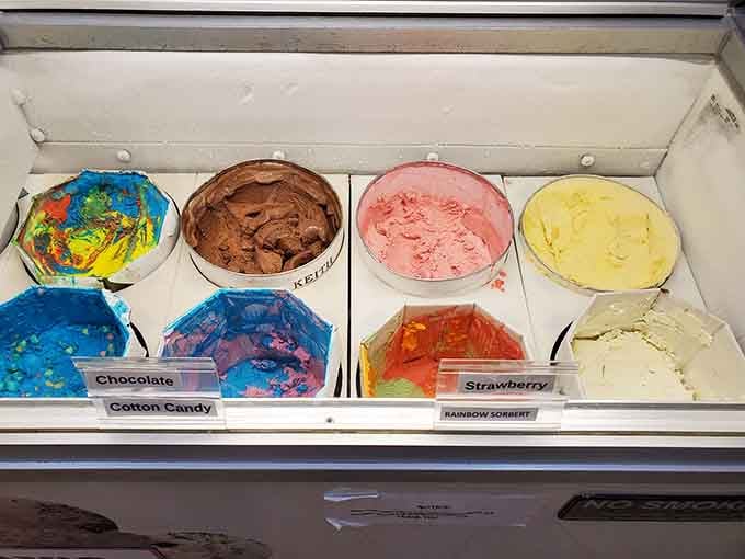 Homemade ice cream in vibrant flavors like cotton candy, chocolate, and strawberry awaits your spoon's arrival.
