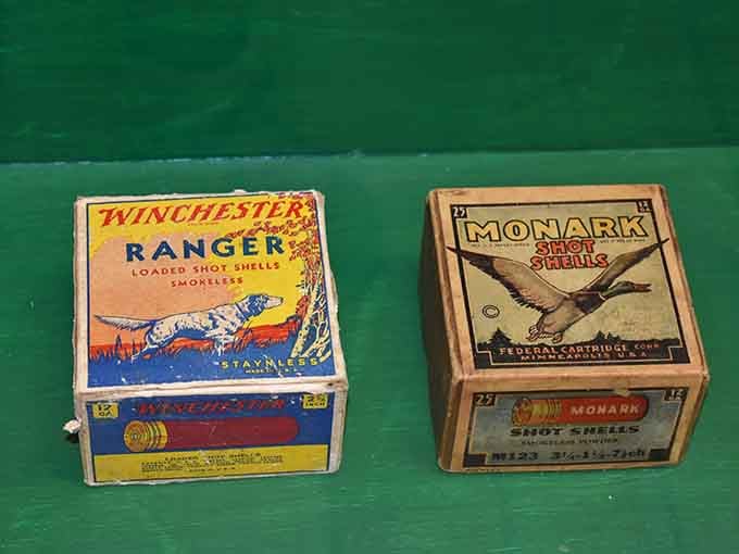 Vintage ammunition boxes add colorful context to the hunting heritage displayed throughout the museum.