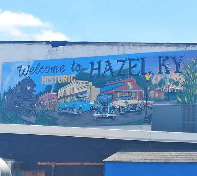 The "Welcome to Historic Hazel" mural showcases the town's heritage with trains, classic cars, and that unmistakable small-town pride.