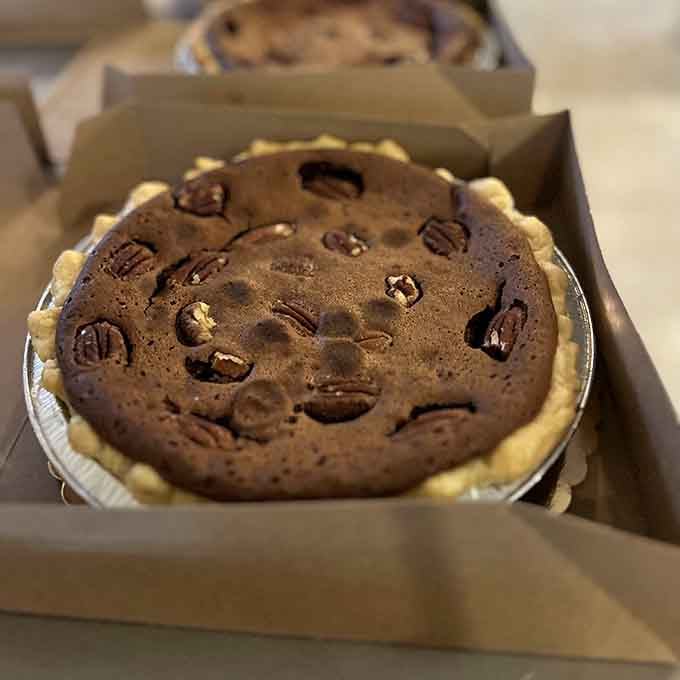 A chocolate pecan pie that looks like it could solve all of life's problems, or at least today's.