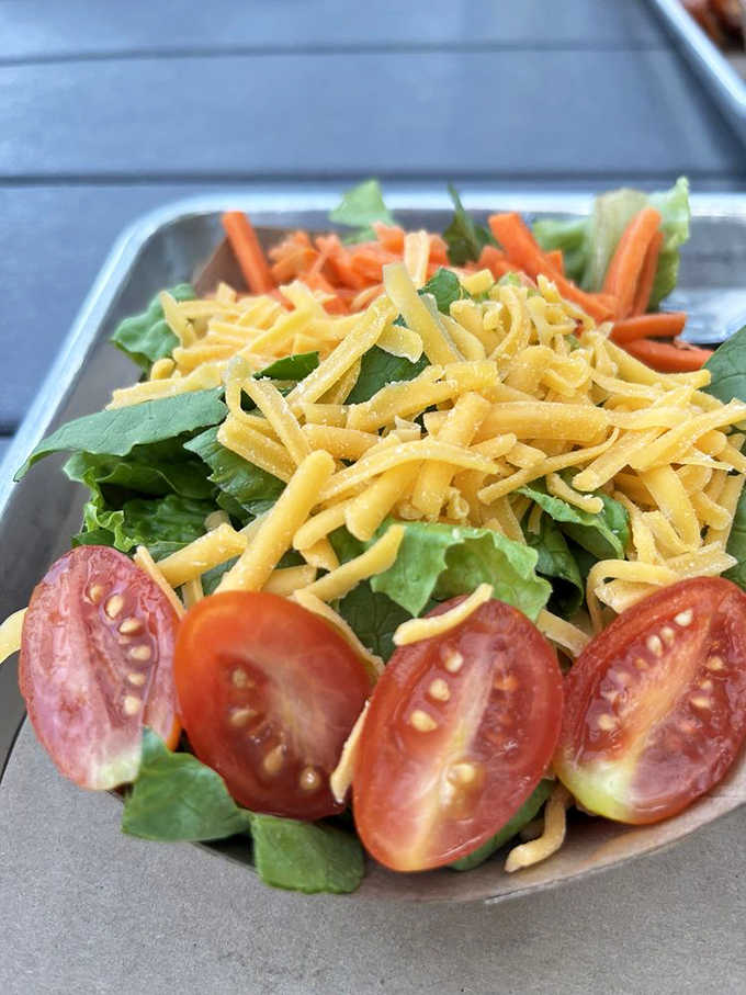 Even the salad looks good here, with fresh tomatoes and shredded cheese brightening the plate nicely.