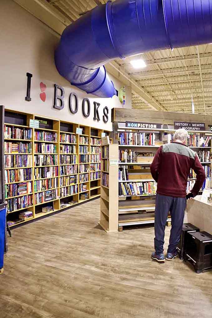 An "I Love Books" sign marks literary heaven where building your home library won't require a trust fund.