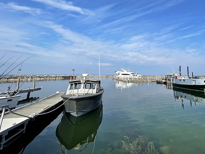 Modern pleasure boats share space with fishing vessels, proving old and new can coexist without drama or fuss.