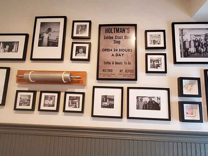 Historical photos and a rolling pin mounted like art prove this place takes its donut heritage seriously, as they should.