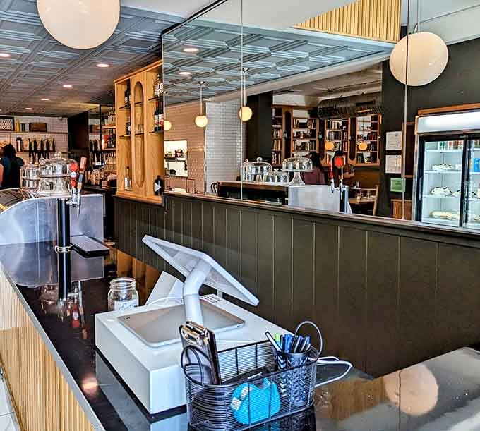 The counter gleams with mid-century charm, inviting solo diners to belly up for pie and conversation.