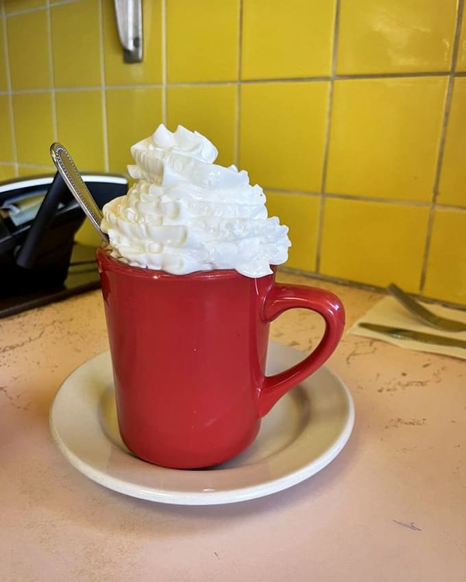Hot chocolate topped with whipped cream that's taller than some people's ambitions, and twice as satisfying.