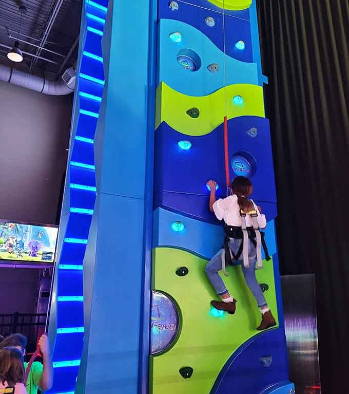 Climbing walls in electric colors make scaling heights feel less scary and more like a video game.