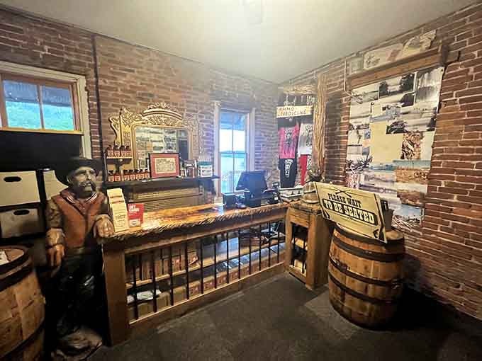 The old jail counter now serves pizza instead of processing criminals; talk about a successful career pivot for a building.
