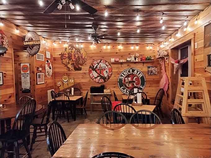 Coca-Cola memorabilia and wooden tables create that timeless diner atmosphere where good food and conversation happen naturally every day.