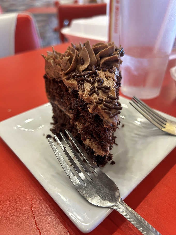 Chocolate cake with frosting swirls so generous, your fork might need backup reinforcements for this mission.