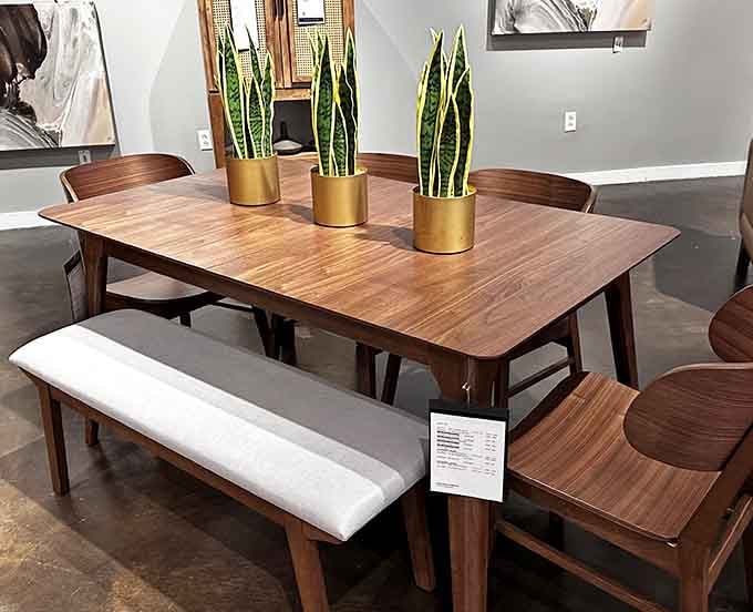 Mid-century modern dining table with snake plants as centerpieces, because even furniture needs good company.