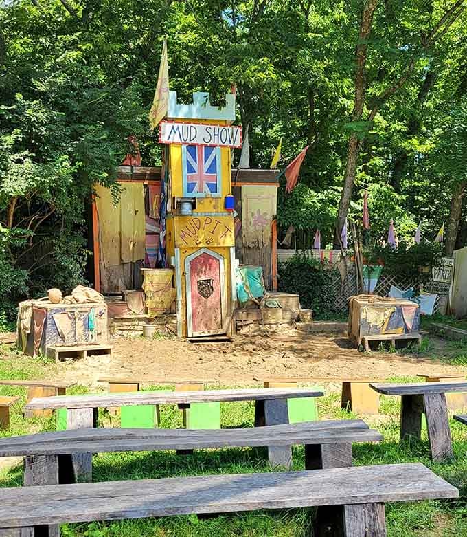 The mud show stage awaits its next performance, where comedians deliver laughs using props that would horrify your mother.