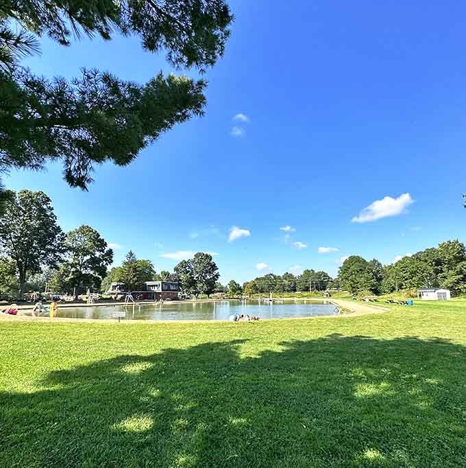 Blue skies, green trees, and pristine water create the kind of postcard scene you'd expect from a vacation brochure.