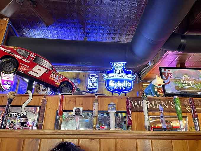 A race car on the ceiling and eclectic memorabilia prove this place has personality that can't be bought or faked.
