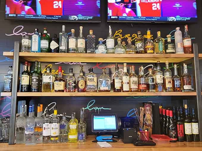 Shelves stocked with spirits suggest someone here understands that great beef deserves equally great beverage companions nearby.
