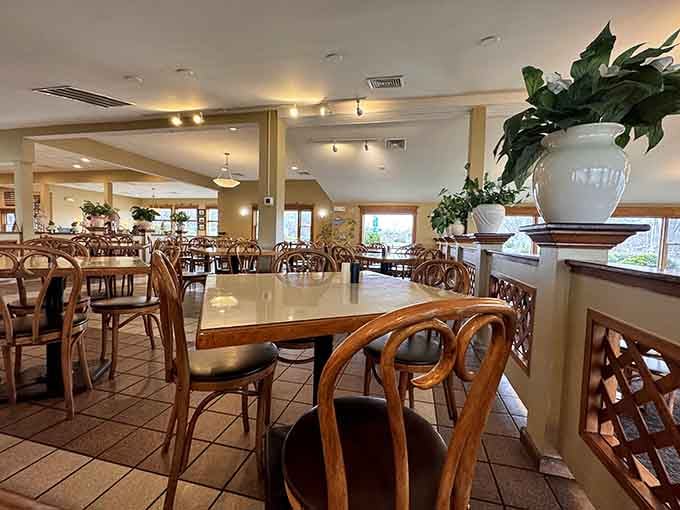 Spacious dining room with natural light and comfortable seating where nobody's rushing you through your clam chowder experience.